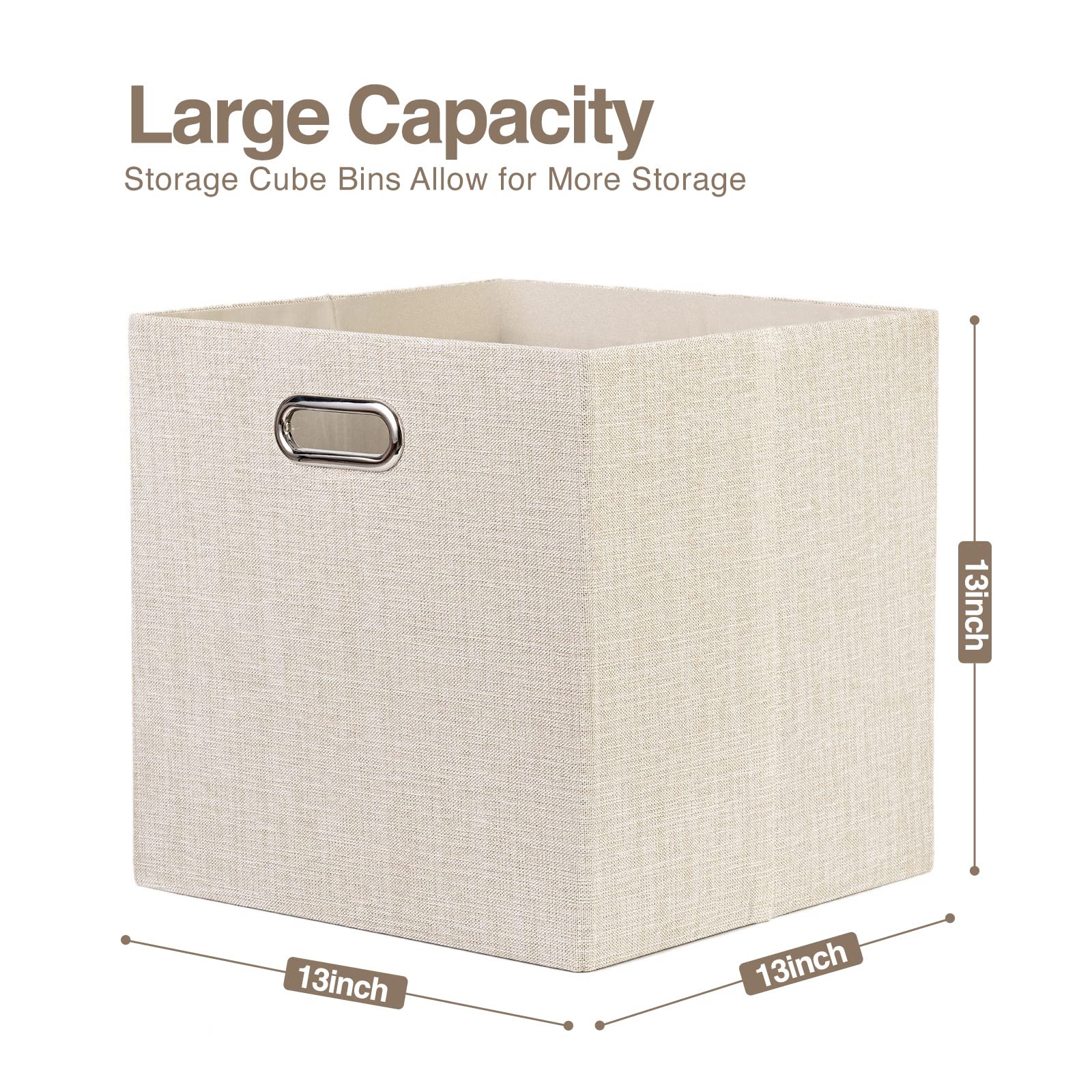 Jermichoc 13x13x13 Inch Cube Storage Bins, 4 Pack Foldable Linen Fabric Organizer Basket with Metal Handle for Clothes Toys Organizing (Beige)