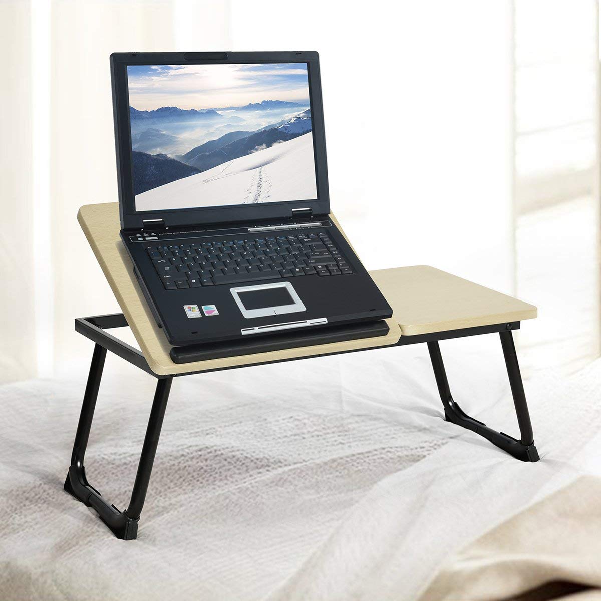 Foldable Laptop Table with Adjustable Tray and Metal Structure, for Home Office and Living/Bed Room(Beech Wood and Black) 25.5" (W) x 11.8"(D) x 10.8"(H)
