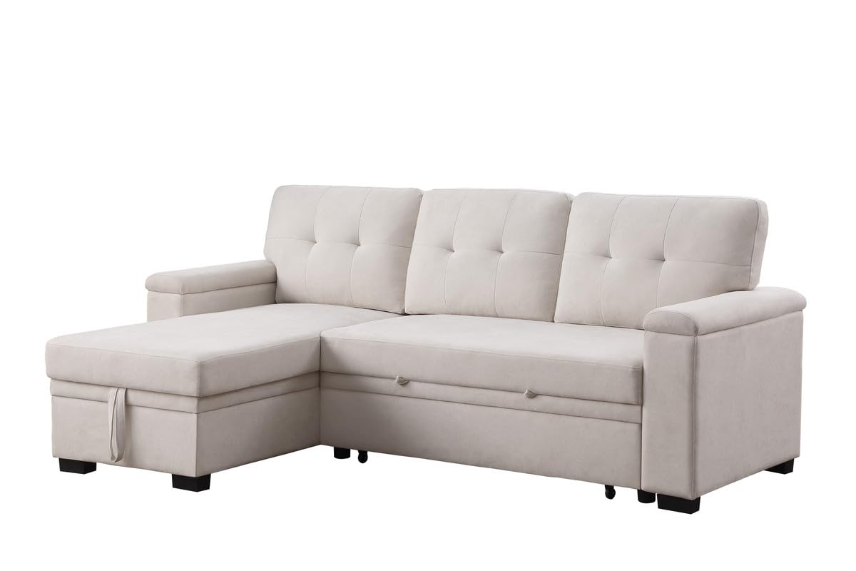 Lilola Home Lucca II 84.5" W Beige Woven Fabric Reversible Sleeper Sectional Sofa with Storage Chaise and Pocket Coil Seating
