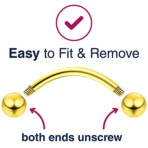 Evonix 2pc 16g Gold Anodized Surgical Steel Curved Barbell 4mm Ball Eyebrow Belly Bar Lip Tragus Ring Piercing Jewelry - 6mm