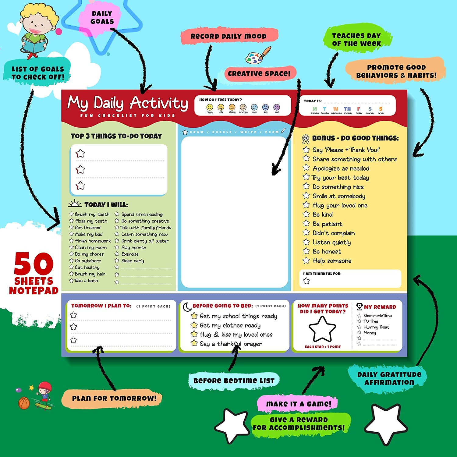 Goody Farm Daily Notepad Planner Checklist Pad - Child Habit Manner Chore Skill Kid To Do