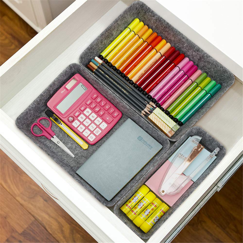 Drawer Organizers Bins Junk Drawer Organizer Tray Dividers for Office Kitchen Bathroom Bedroom Shallow Felt Drawer Storage Containers Cute Desk Drawer Organizer Separators Pack of 8,Grey