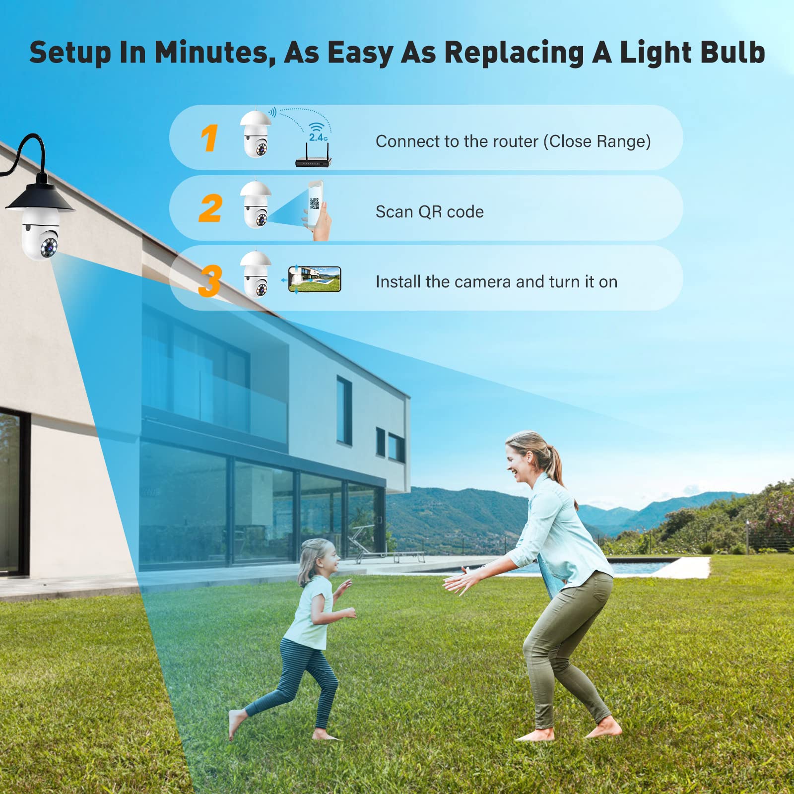 Light Bulb Security Camera, E27 Wireless WiFi Outdoor Security Camera, 1080P 2.4GHz WiFi Smart Home Surveillance Cam 355 Degree with Two-Way Audio, Night Vision, Motion Detection, Work with Alexa