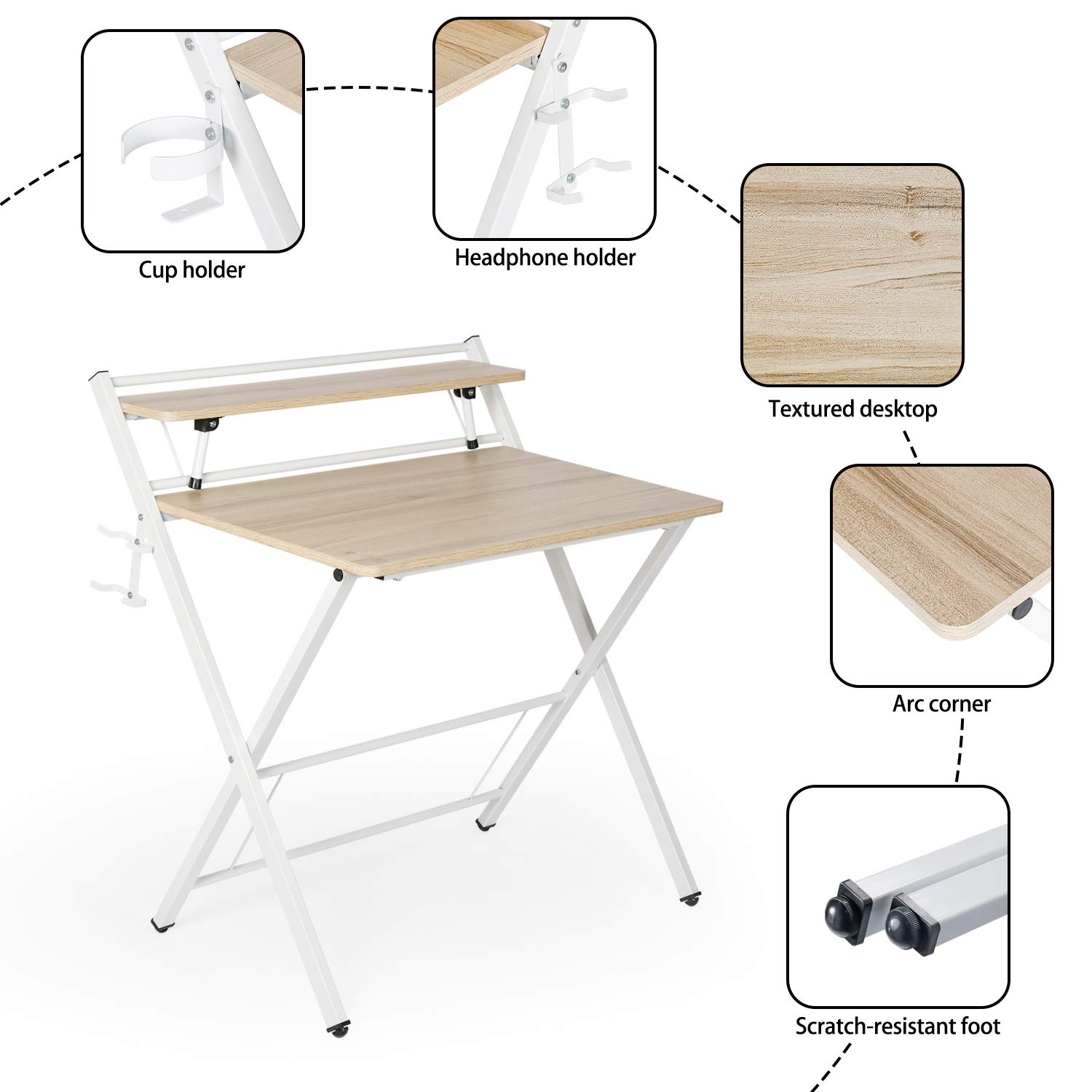 Folding Desk for Small Spaces, 32 Inches Modern Laptop Table, 3 Steps Assembly, Study Writing Computer Desk for Home Office with Shelf (Light Brown)