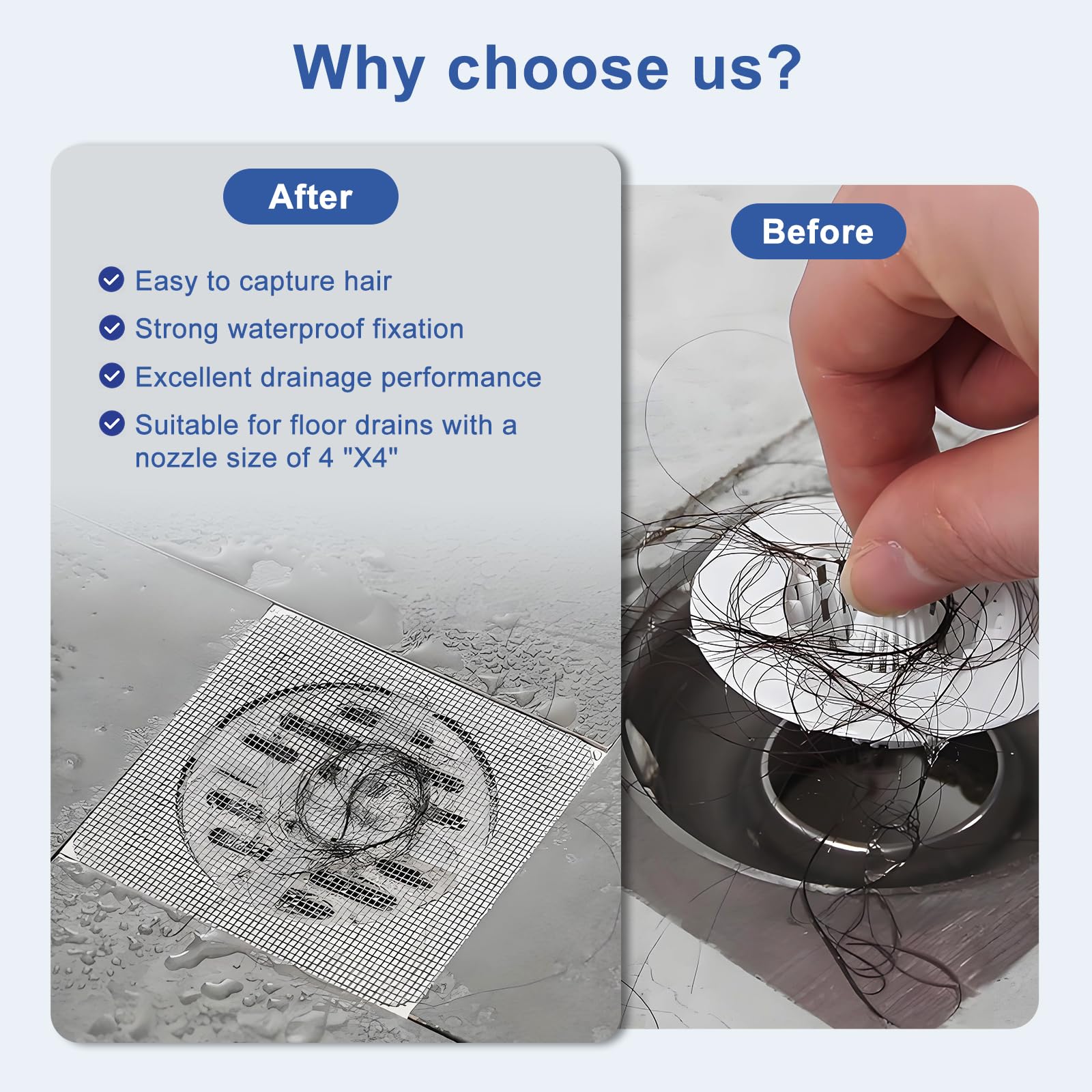 PASAGLU Disposable Drain Hair Catchers, 4" X 4" Disposable Shower Drain Mesh Stickers, Floor Drain Stickers for Bathroom, Laundry, Bathtub, Kitchen, Sink, for Human and pet Hair (50, White)