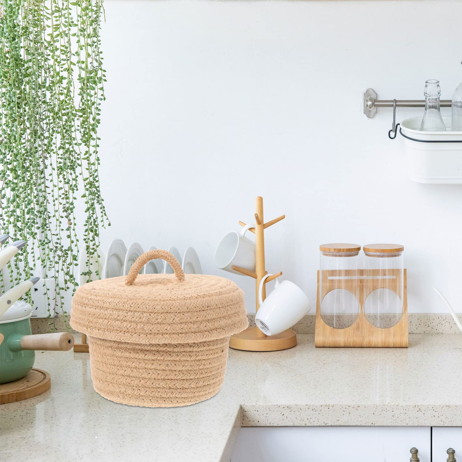 MOBUTOFU Storage Basket Woven Desktop Sundries Basket Tray Decor Snack Containers Pastoral Style Storage Holder Toy Storage Bins with Lids Jute Basket Snacks Container Cotton Rope Brown
