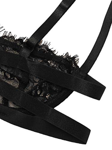 SheIn Women's 2 Piece Sexy Lace Strap Bralette Bra and Panty Lingerie Set Push Up Black Small