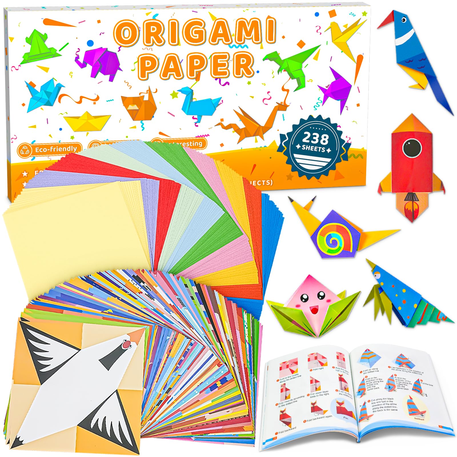 MOBYKE 238 Sheets Origami Paper, Origami kit for Kids with 54 Patterns Art Projects Colored Blank Origami Papers Origami Instruction Book Art and Craft Supplies for Children Travel Activities Project