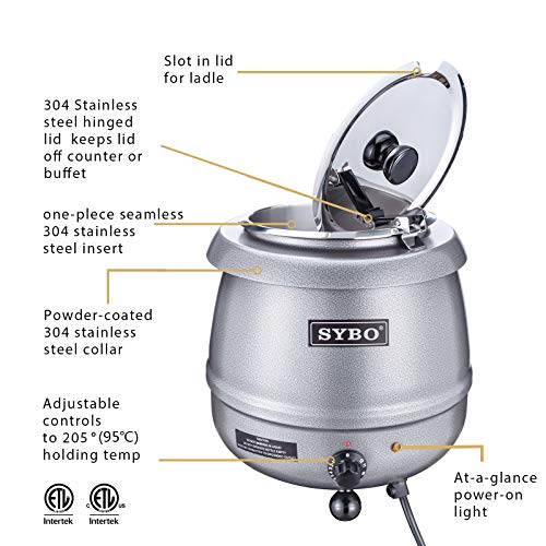 SYBO Stainless Steel Soup Kettle with Hinged Lid and Insert Pot, 10.5 Quarts, Commercial Grade, Silver