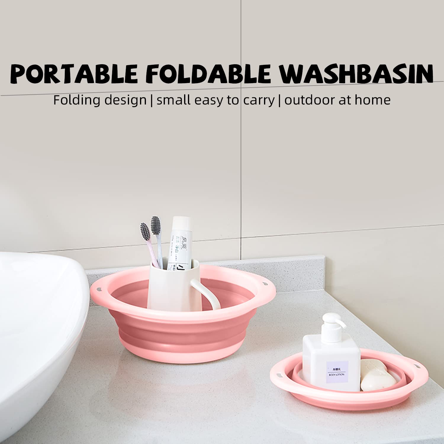 Iimin 5L Multifunctional Foldable Washbasin Collapsible Portable Wash Basin Dishpan Outdoor Travel Portable Washbasin for RV, Camping, Marine, BBQ(2Pack,Pink)
