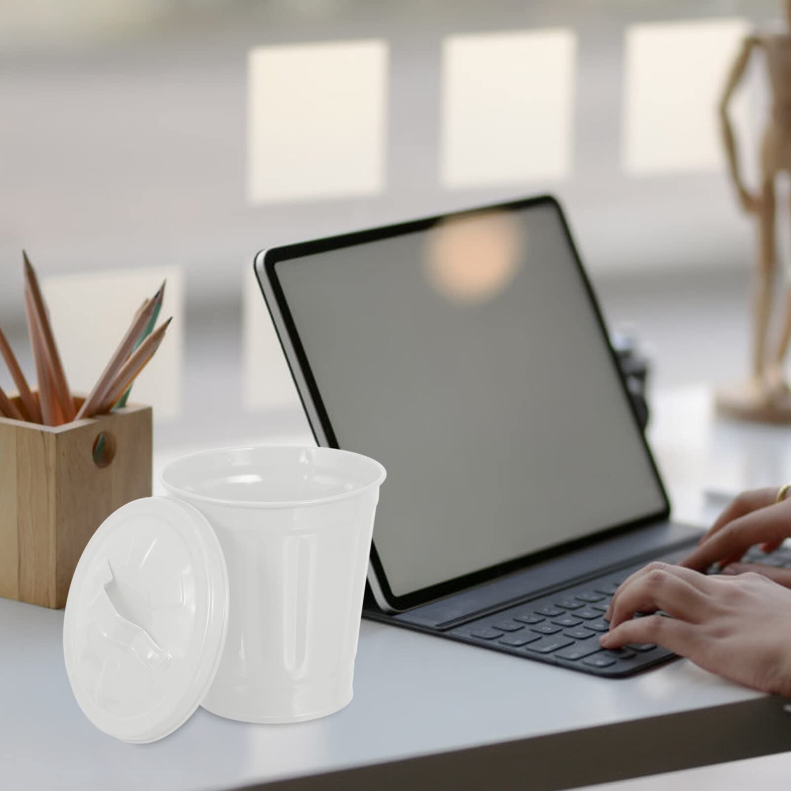 MAGICLULU Mini Galvanized Trash Can Metal Bucket with Lid Tabletop Small Wastebasket Tiny Rubbish Bin Flower Pot Cute Pen Cup Holder for Makeup Brush Coin White
