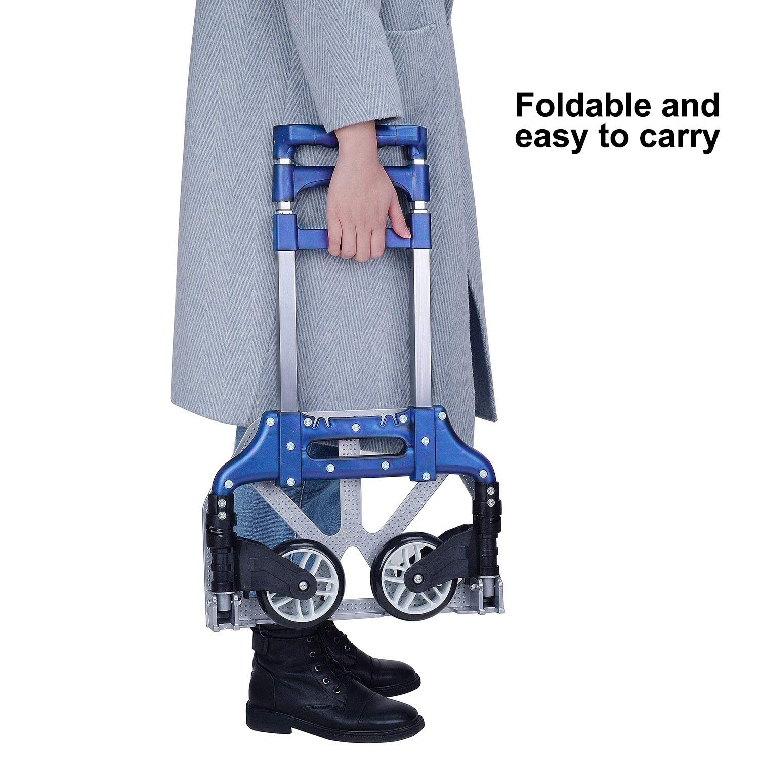 Folding Hand Truck, Portable Aluminum Dolly Luggage Cart 165lbs Capacity with 2 Wheel, Folding Multi-use Carrier with Non-Skid Rubber Handle for Travel (Pure Blue)