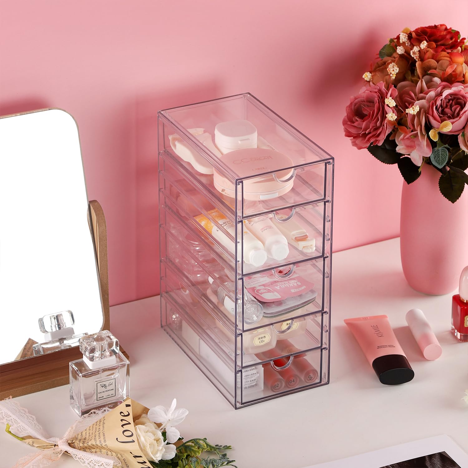 RAMFIYN Clear Stackable Beauty Box Storage 6 Drawer, Desk Narrow Acrylic Storage Drawers, Slim Storage Drawers Jewelry Organizer for Vanity, Bathroom, Bedroom, Office