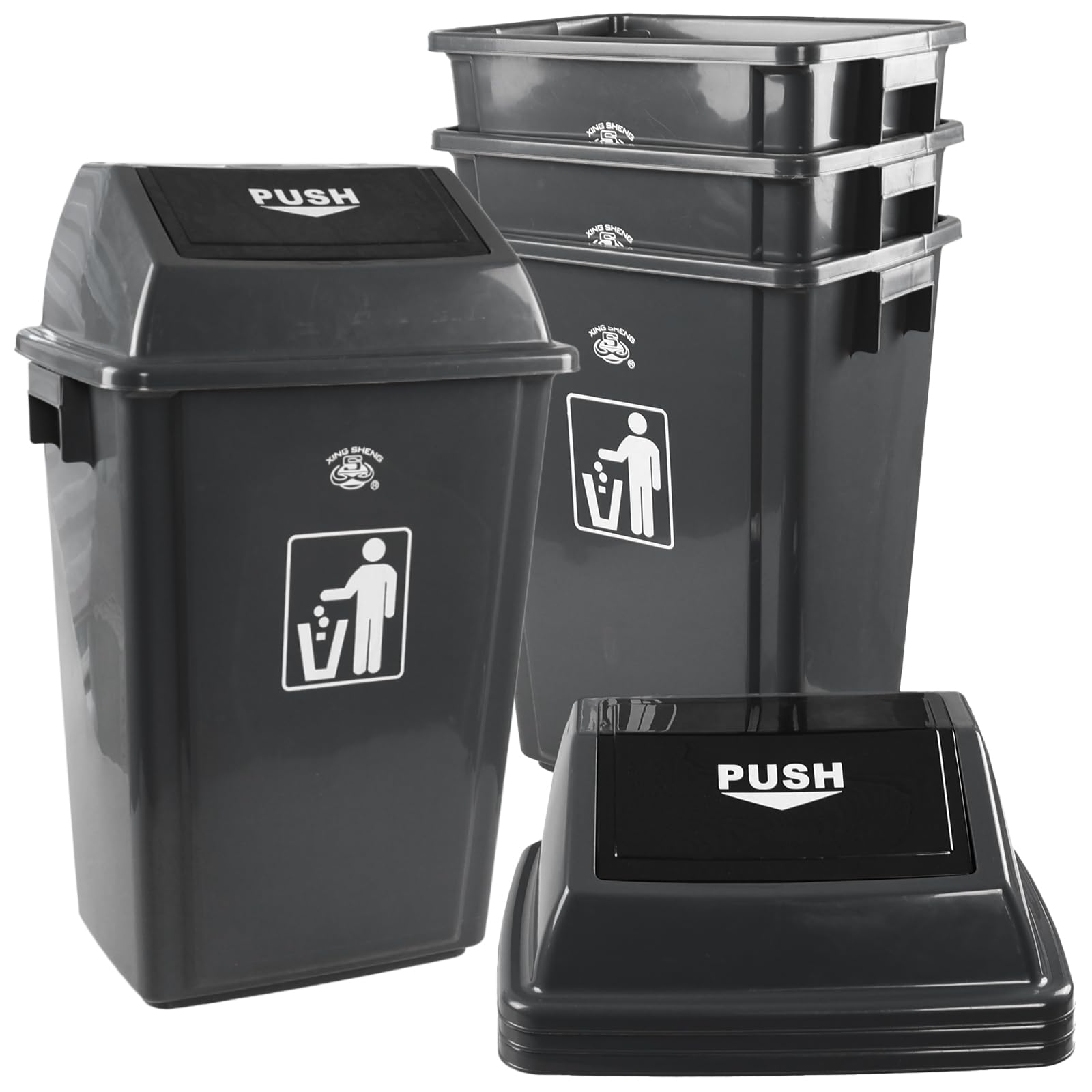 Obstnny 4 Packs Large Plastic Garbage Can, 60 L Swing Top Lid Trash Bin, Gray