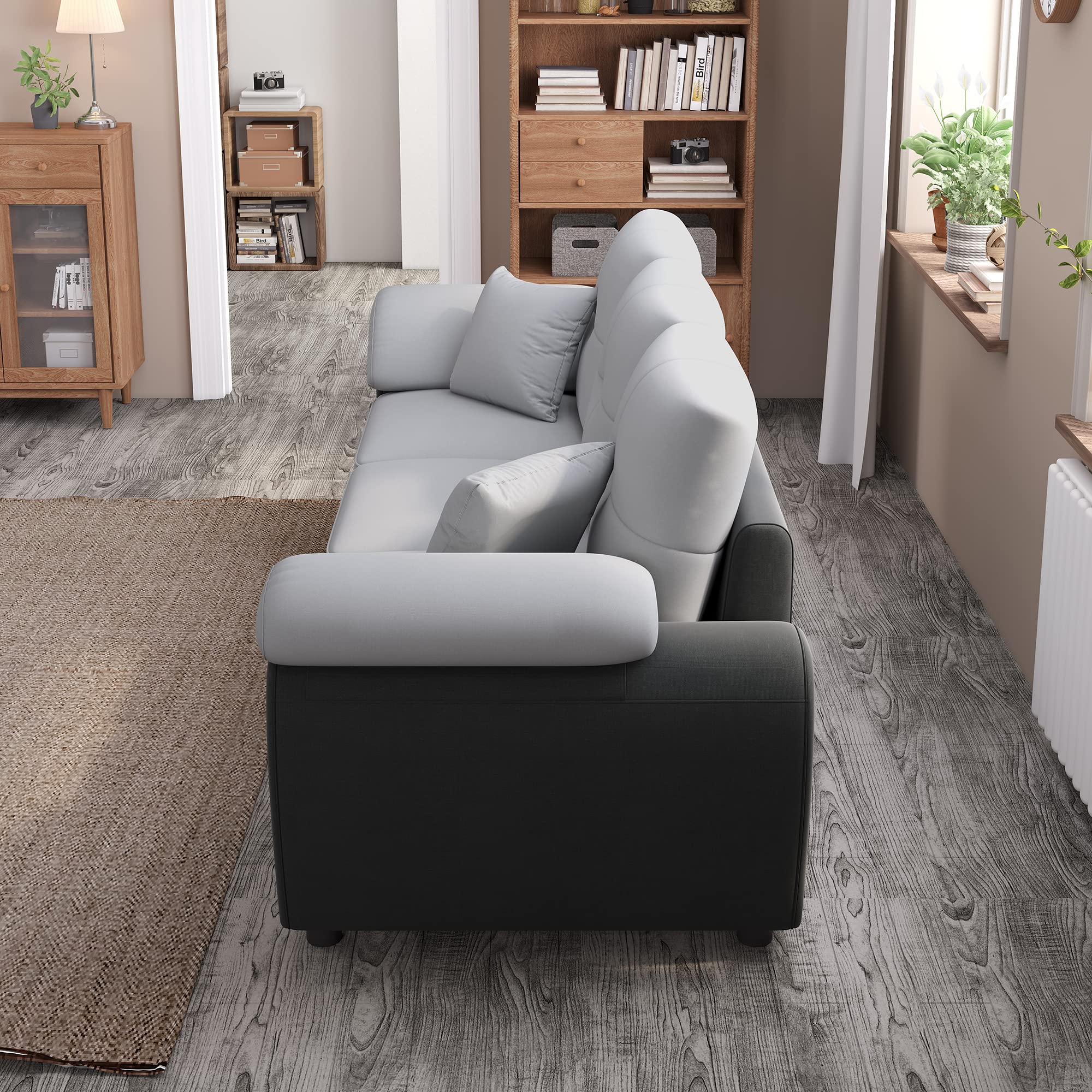PHOYAL 3 Seater Sofa, 81.8β Modern Futon Sofa Bed Mid-Century Sofa with Two Pillows Velvet Upholstered Sofa, PU Armrest and Base for Living Room, Bedroom, Apartment, Grey