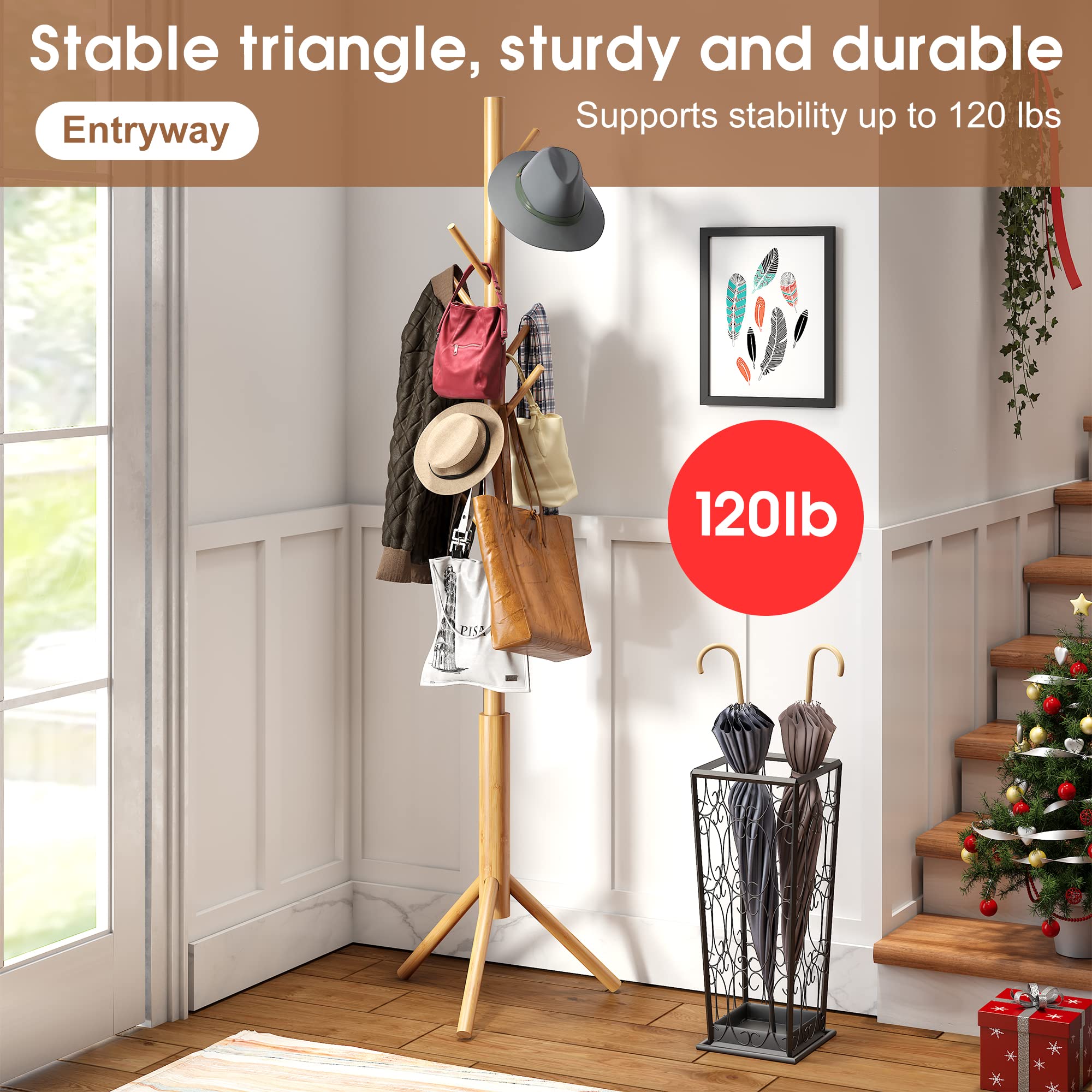 FILWH Bamboo Coat Rack Freestanding Adjustable Coat Tree with 3 Sections & 8 Hooks Easy to Assemble Coat Hanger Stand for Bedroom Office Hallway Entryway Bedroom Coat Rack(Natural)