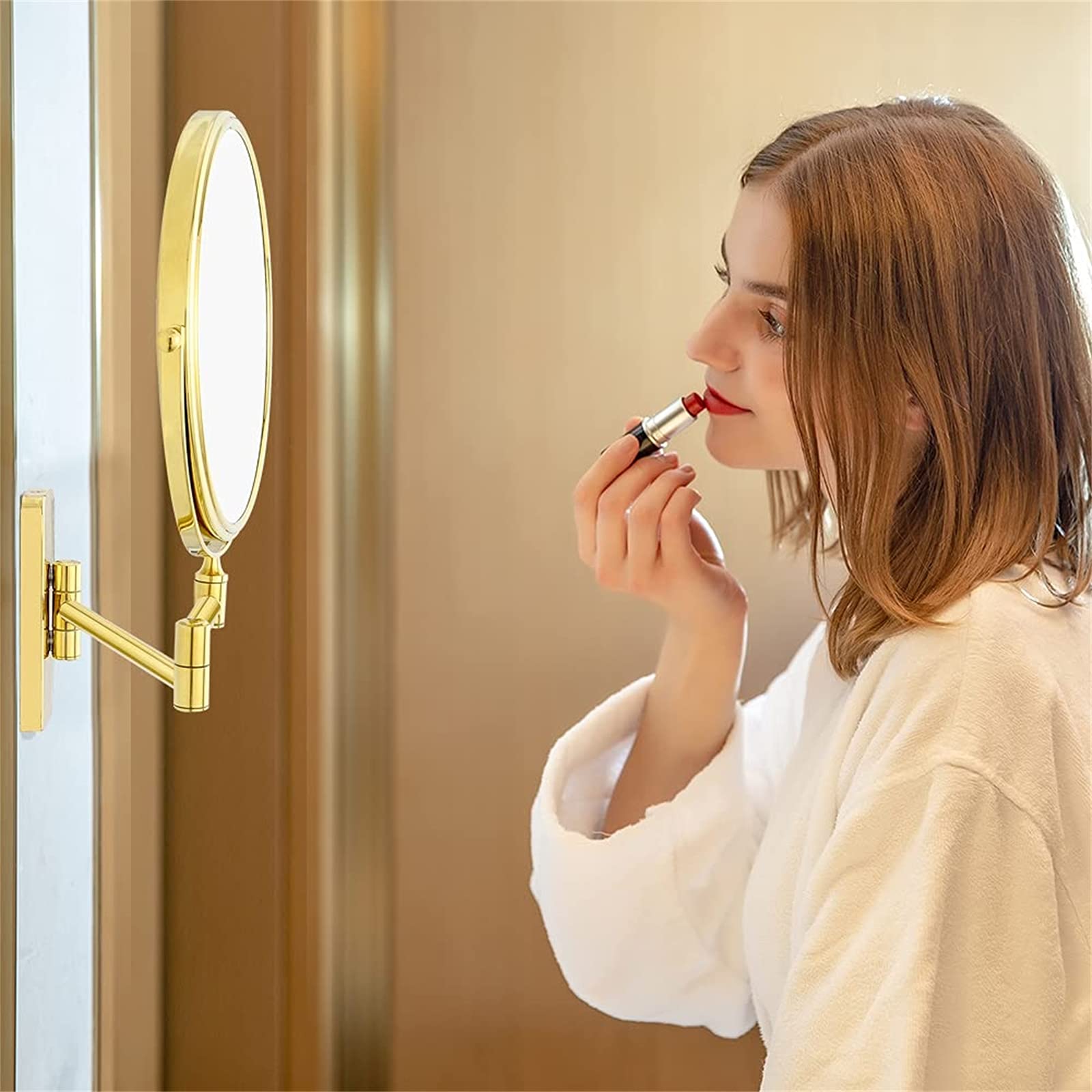 LARRO Wall Mounted Makeup Mirror, 8 inch Gold Finish Double Sided Magnifying Shaving Mirror, Extendable Bathroom Round Cosmetic Vanity Mirrors,7X (Color : 10x)