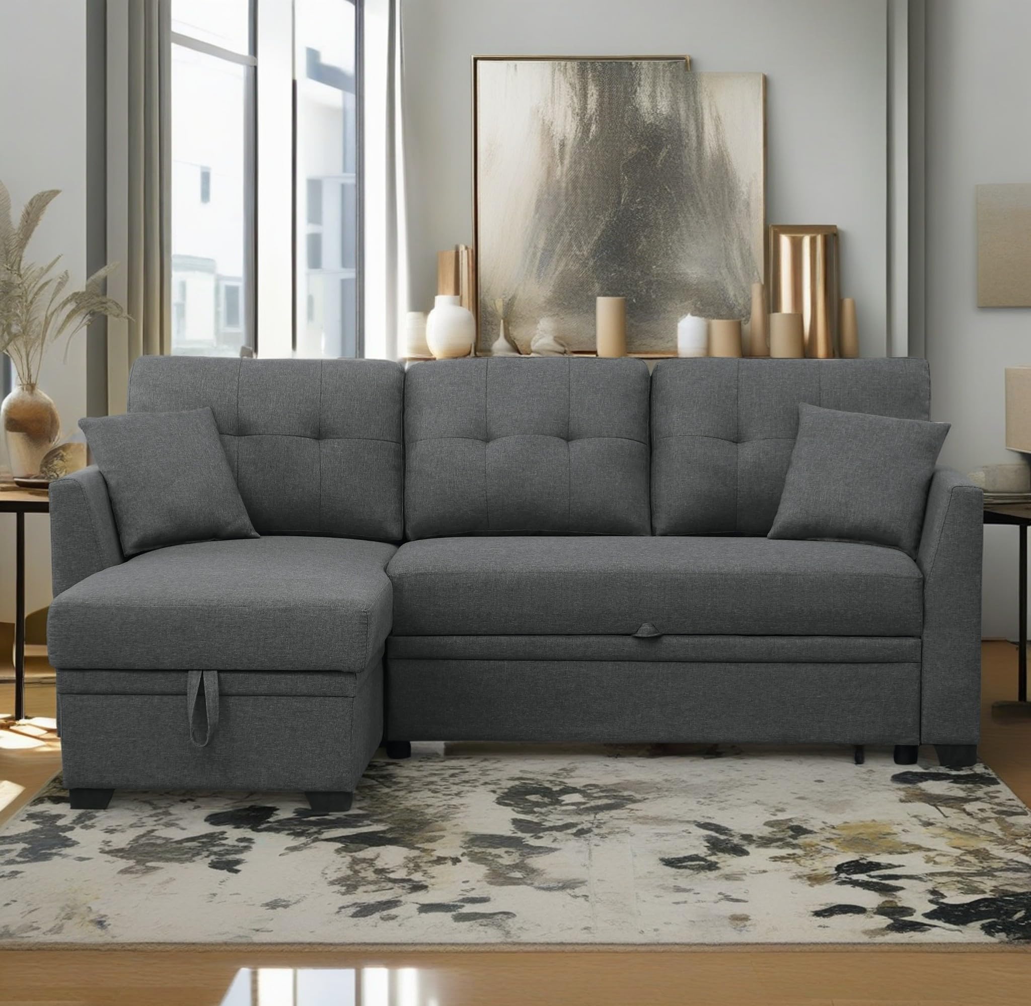 MODCART 81.5" L-Shape Convertible Sleeper Sectional Sofa, Pull Out Sofabed w/Storage Chaise, All-in-One Linen Upholstered Couch for Living Room Apartment