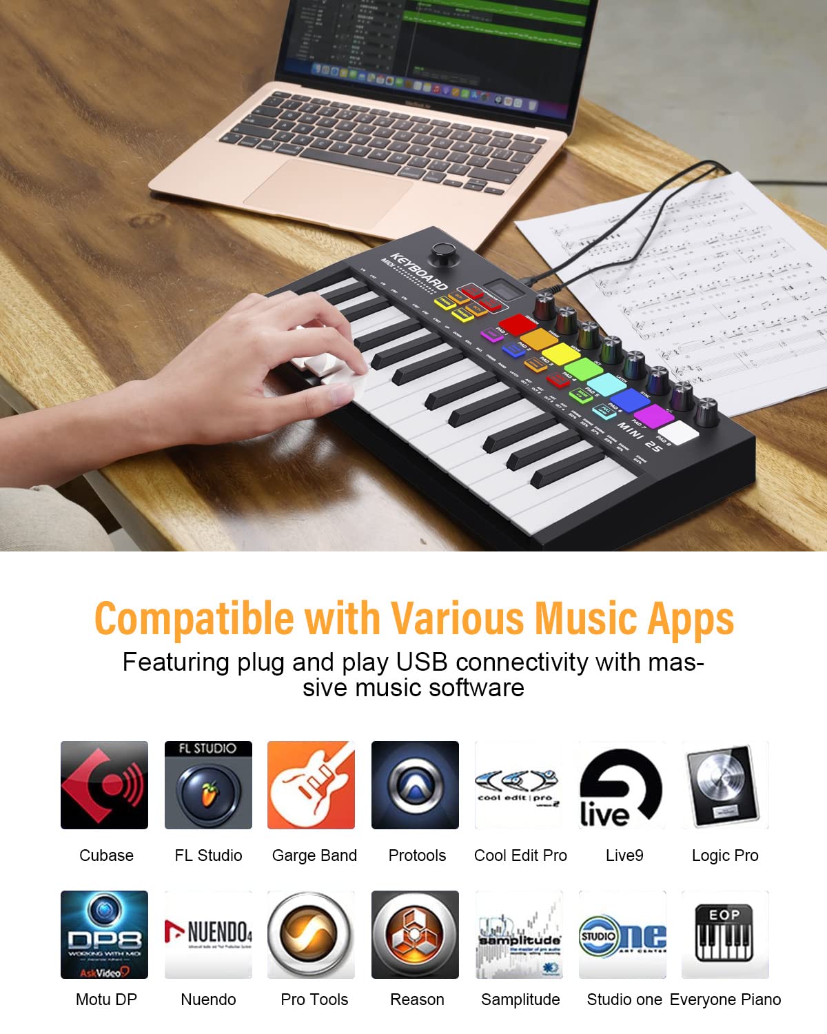 KONIX MIDI Keyboard Controller 25 Key, Portable USB MIDI with Velocity-Sensitive Mini Keys & OLED Screen Display for Mac/PC, Small MIDI Keyboard with Unique LOOP Function and 8 Backlit Drum Pads