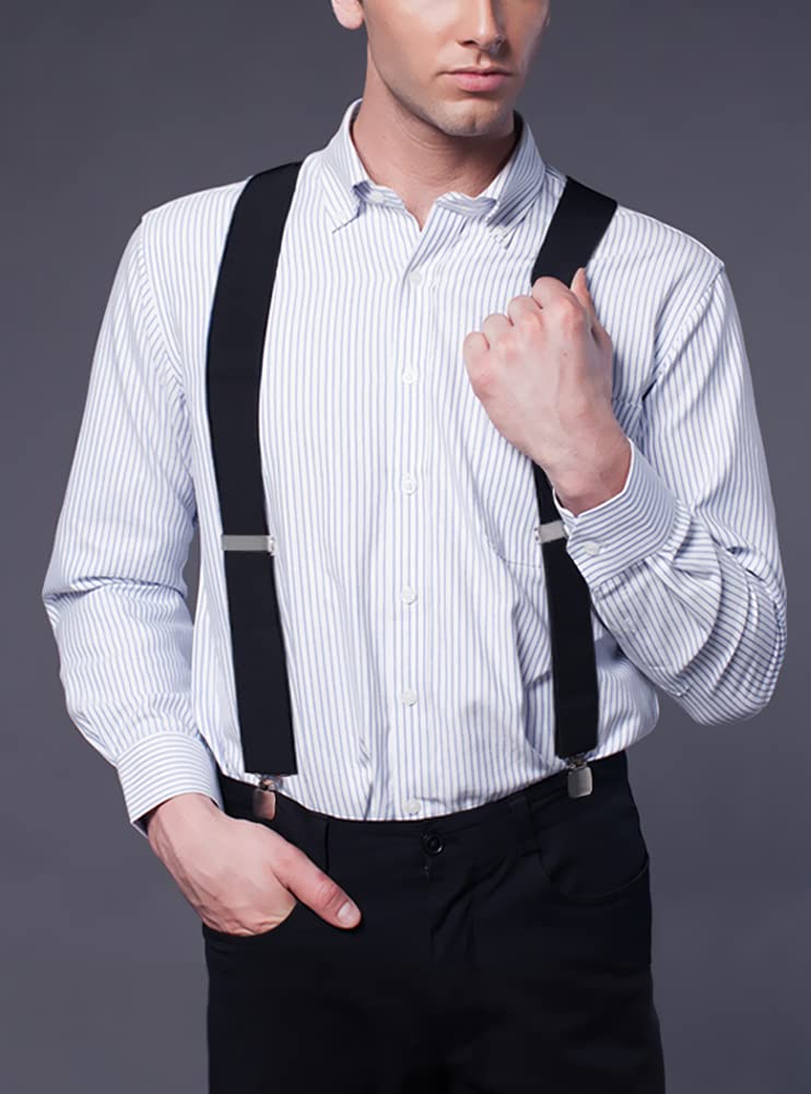Fasker Mens Suspenders X-Back 2" Wide Adjustable Solid Straight Heavy Duty Clip Suspenders for Men Women, Black