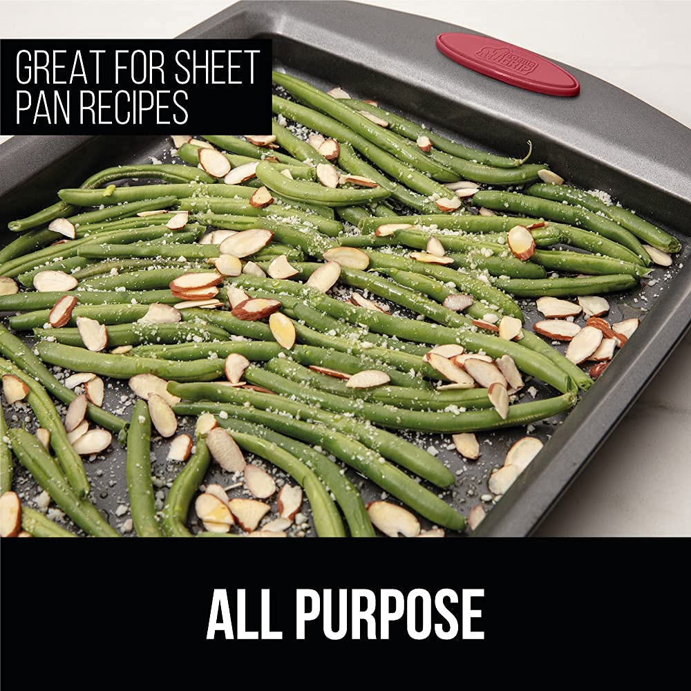 Gorilla Grip Cookie Sheets For Baking, 17.3x11.75 Inch, Set of 2, Large Non Stick Pans, Stays Flat in Oven, Perfect for Sheet Pan Meals, Easy Clean Up, Cooking Tray With Silicone Handles, Red