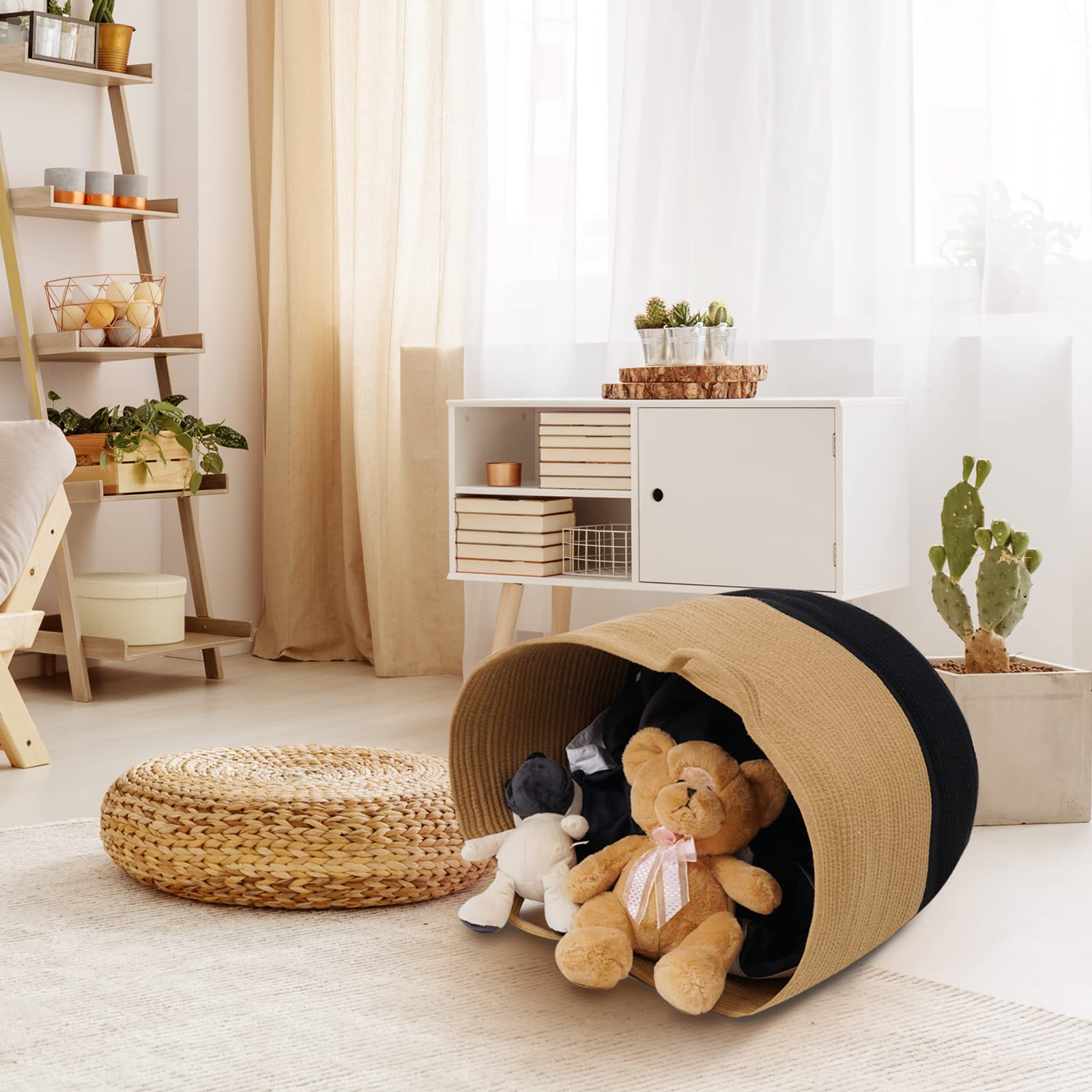 Large Cotton Rope Storage Basket: Woven Round 19”x19”x16” Blanket Pillow Throw Baskets for Living Room Bedroom Decorative - Tall Nursery Toy Storage Bin Laundry Hamper with Handle