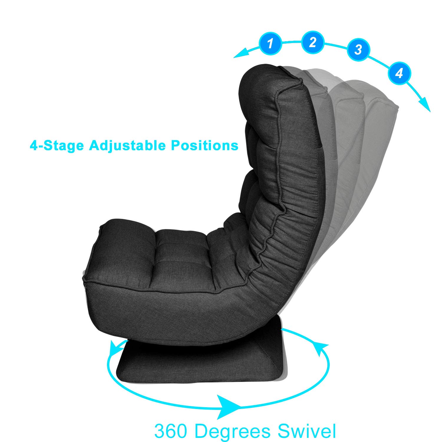 Folding Floor Gaming Chair 360-Degree Swivel Lazy Sofa Lounge Chairs with 4 Adjustable Positions Video Game for Home, Office, Games Room(Cool Black)