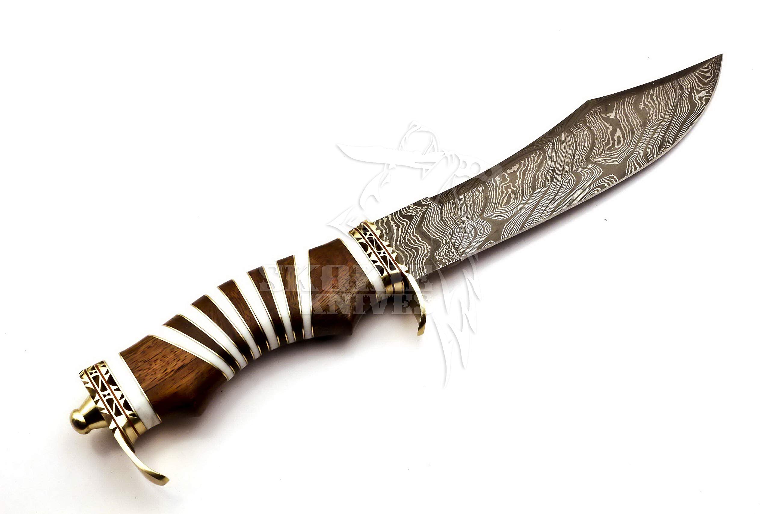 Skokie Knives Custom Hand Made Damascus Steel Hunting Knife Handle Camel Bone (Brown)