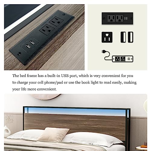 NNV Industrial Twin Size Bed Frame with Headboard Stoarge, Metal Platform Bed Frame with LED Lights and USB Ports, Sturdy and No Noise Easy Installation No Box Spring Needed, Grey