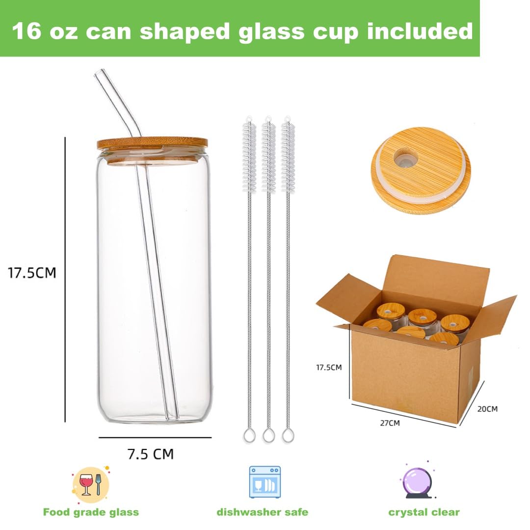 Phunihel 6 Pcs Drinking Glasses with Bamboo Lids and Glass Straw - 16 Oz Can Shaped Glass Cups for Beer, Ice Coffee, Cute Tumbler Cup Great for Soda Boba Tea Cocktail Include 3 Cleaning Brushes