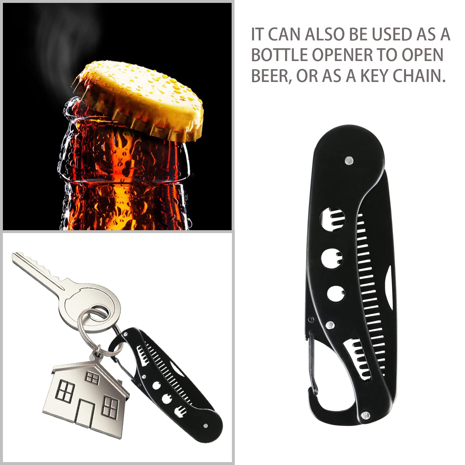 HUATOL Stainless Steel Folding Beard Comb，Portable Bottle Opener and Key Chain for Men Grooming, Combing Hair and Beard