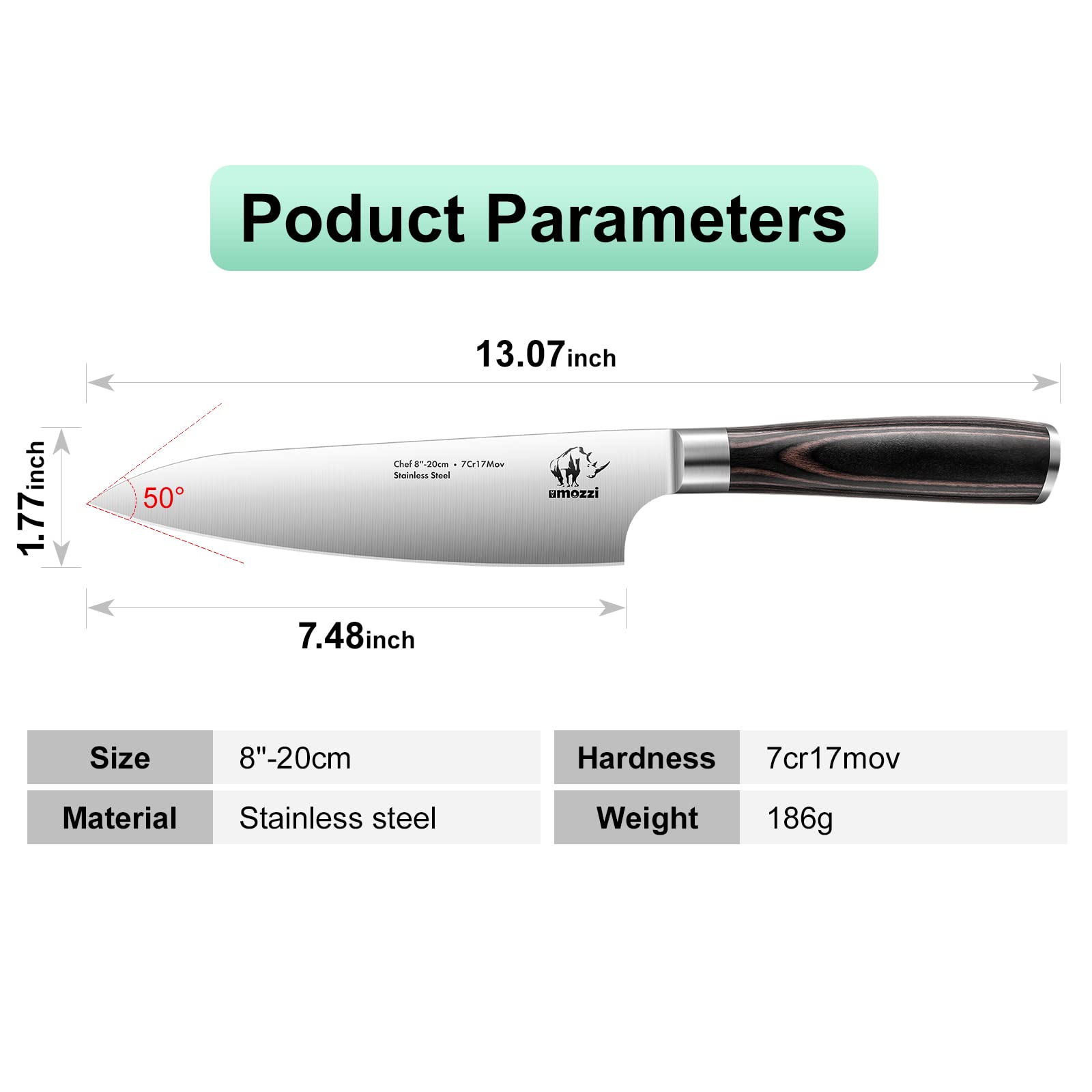 My Mozzi Chef Knife - Professional Knife with Ergonomic Handle and High Carbon Stainless Steel Ultra Sharp Paring Kitchen Chef Knife 8 inch