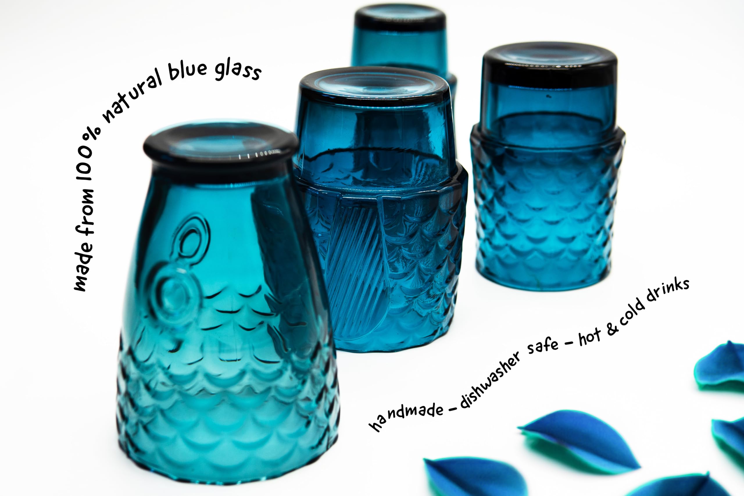 Gökotta Set of 4 | Handmade Stacking Koi Carp Fish Drinking Glasses | Natural Blue Glass Tumblers | Retro Fun Quirky Gift Present | Dinner Party Cocktail Water Juice Coffee Mugs Cups | 4PCS 250ml