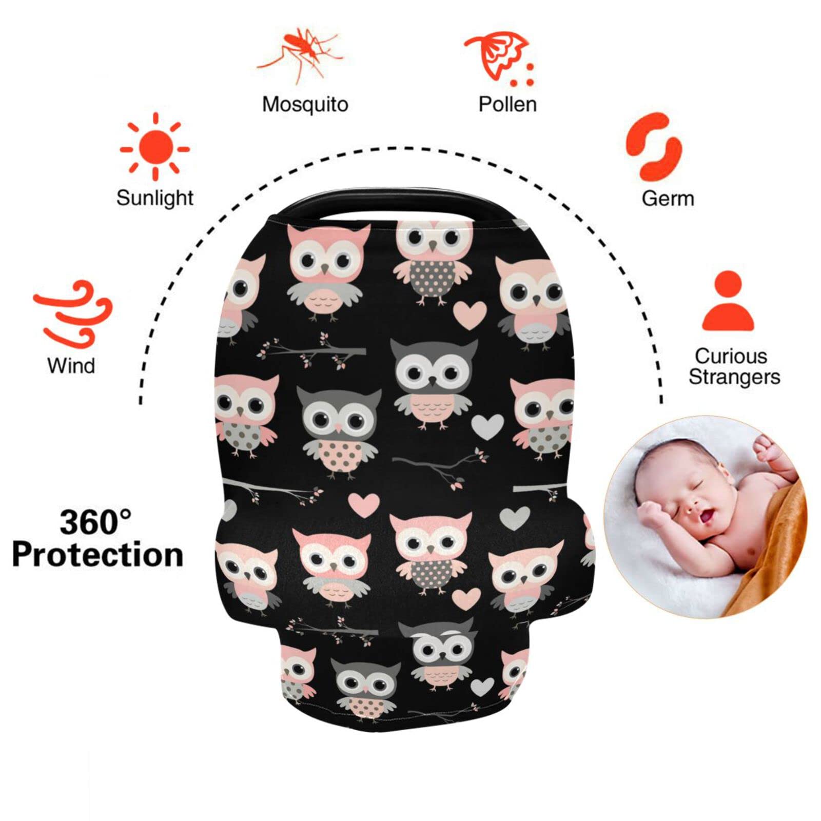 Nursing Cover Breastfeeding Scarf Pink and Grey Owls - for Baby Car Seat Covers, Stroller Cover, Carseat Canopy(228ya4b)