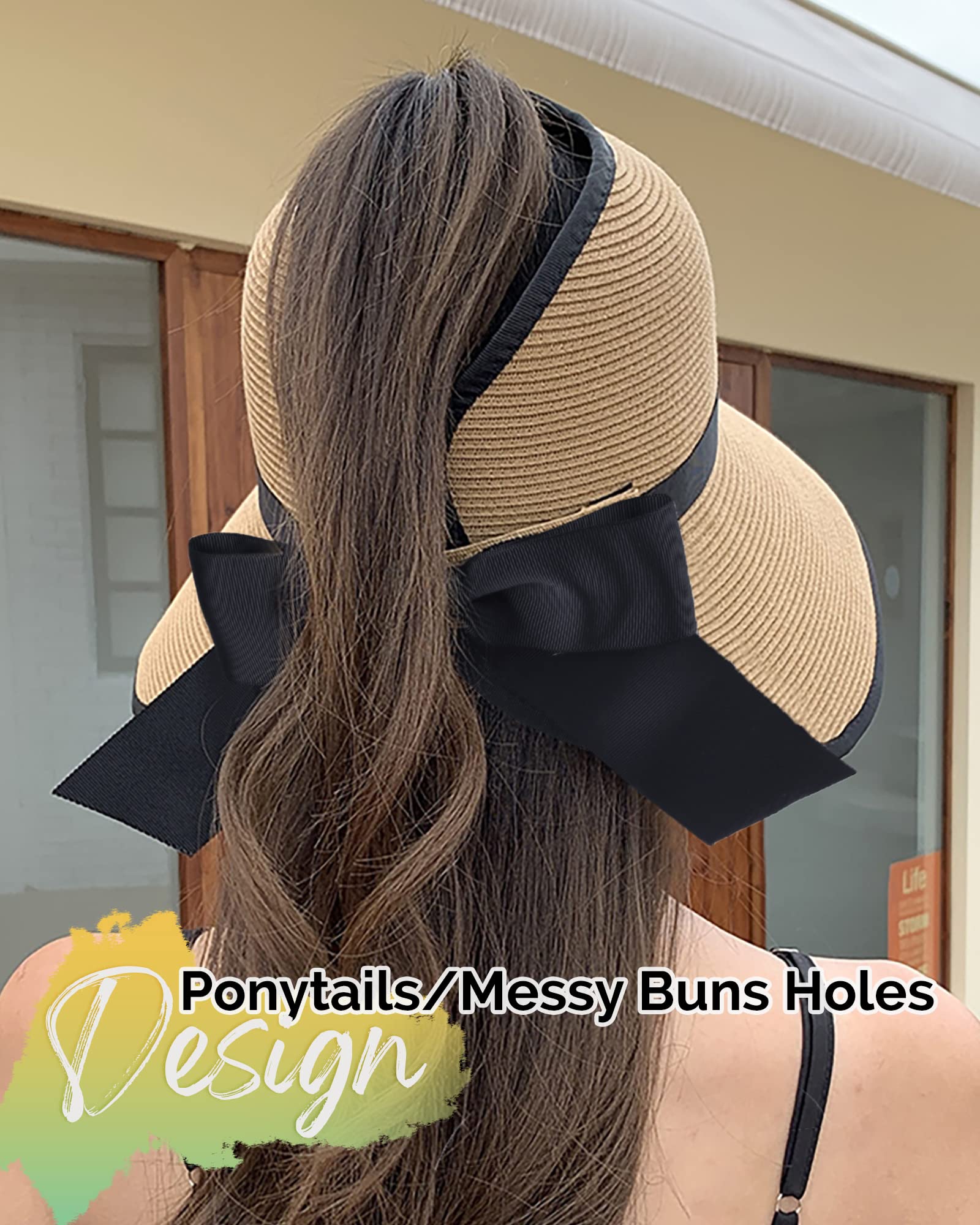 FURTALK Beach Hats for Women Foldable Packable Wide Brim Sun Visor Hat with Ponytail Hole UPF50+ Cap for Travel Khaki