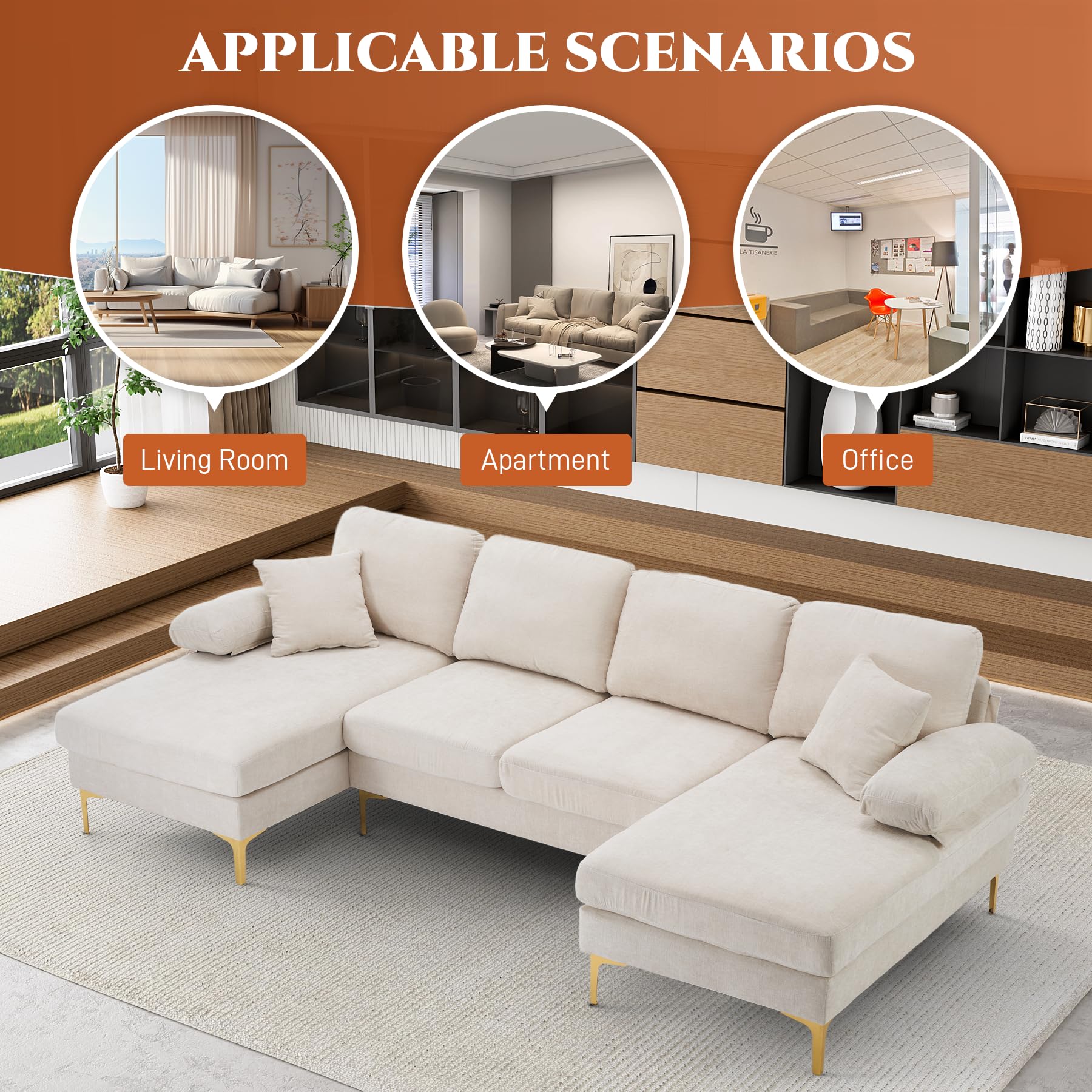 OUYESSIR U-Shaped Sectional Sofa Couch for Living Room, 4 Seat Sofa Set L-Shaped Chenille Sleeper Couch Set with Double Chaise Lounge,110.6 inches (Blue)