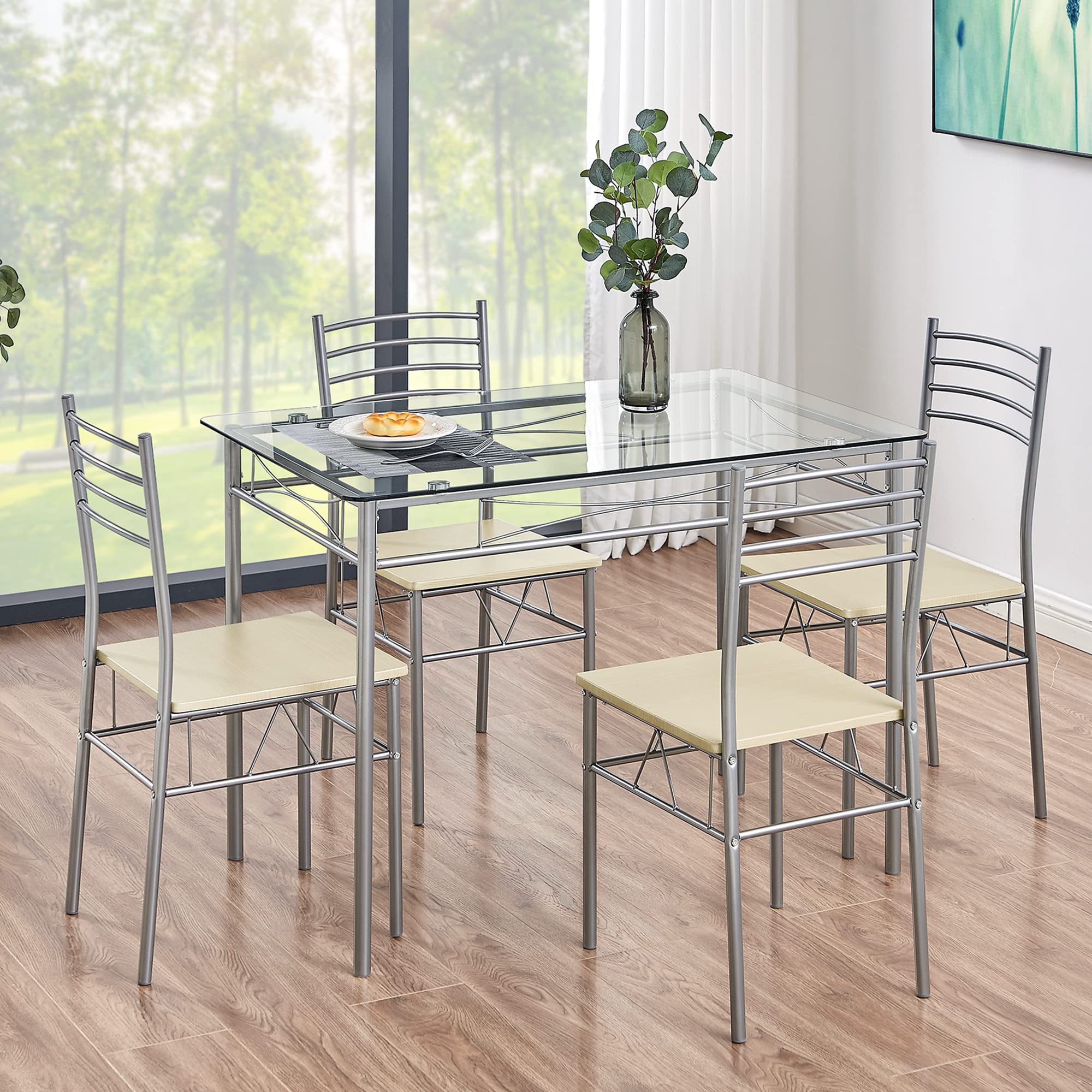 VECELO Dining Table with 4 Chairs [4 Placemats Included-] Silver X-Large