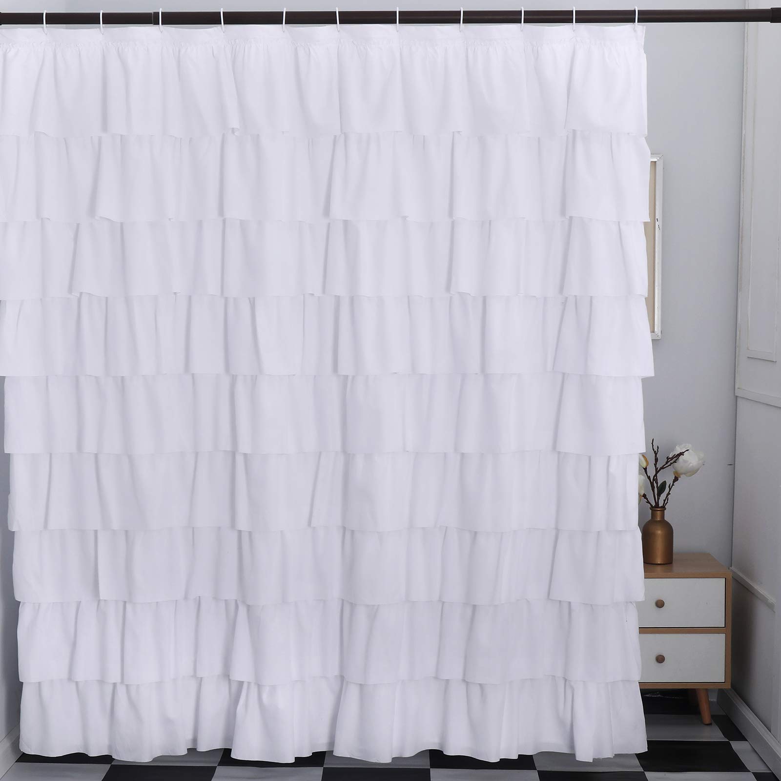 GARSTYLE White Ruffle Fabric Shower Curtain for Bathroom | Farmhouse Style 72ββx72ββ