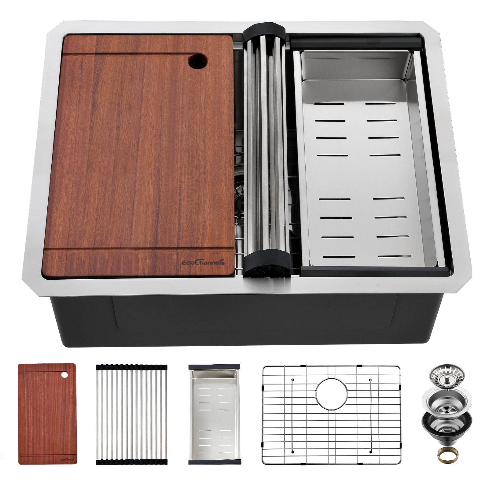 EcoChannels Undermount Kitchen Sink, 24 x 19 Inch Sink Kitchen 16 Gauge Stainless Steel Kitchen Sinks Single Bowl Workstation Sink with Cutting Board