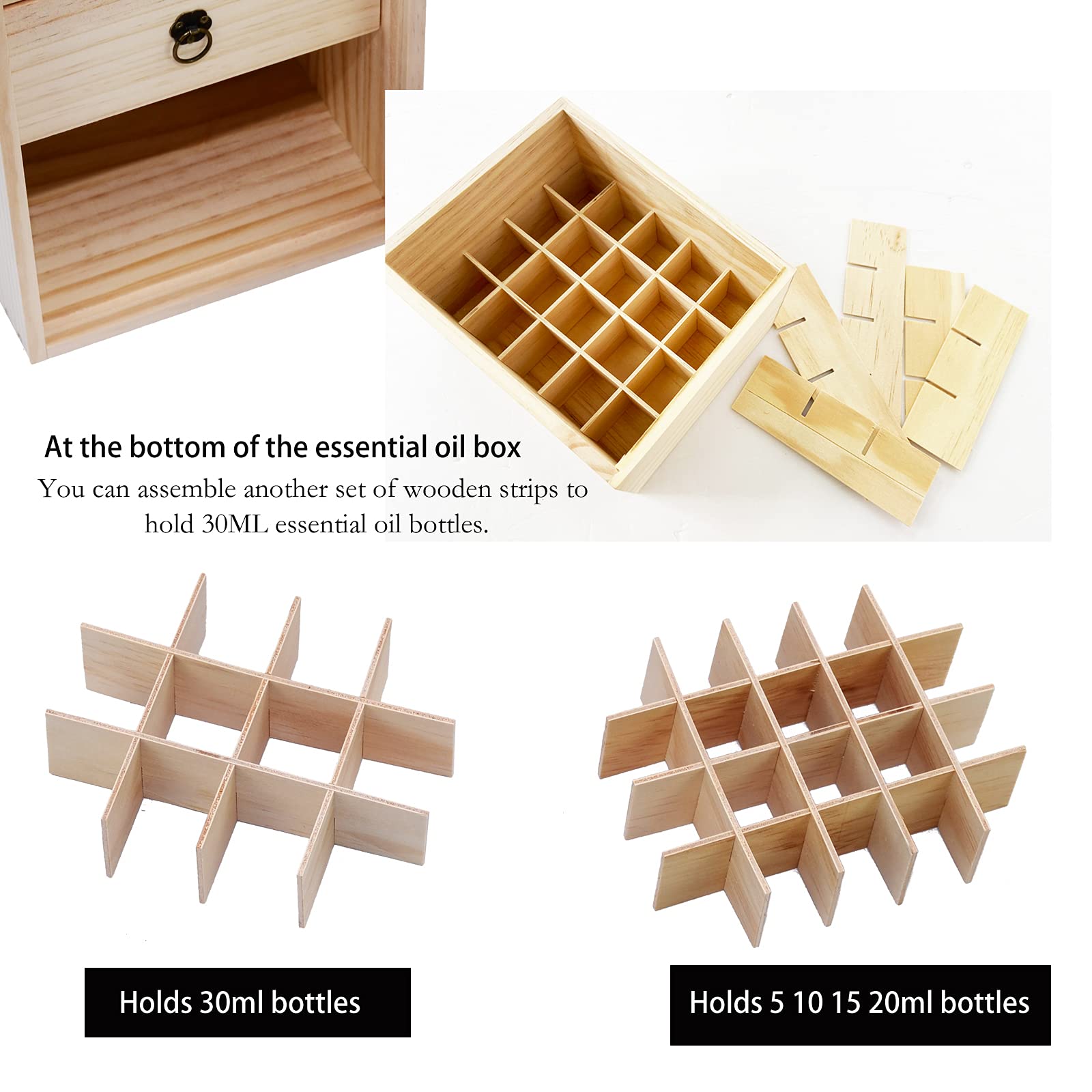 Essential Oil Storage Box for 40 Bottles -Removable Shelf Fits 5ml, 10ml, 15ml, 30ml Bottles, Wooden Nail Polish Organizer With Handle Holds, Free EO Labels, Natural Wood