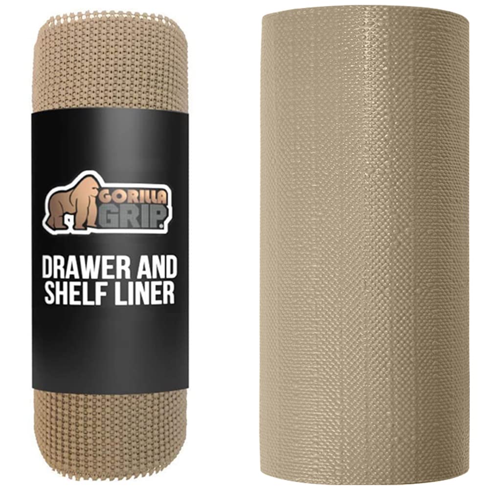 Gorilla Grip Drawer Liner and Smooth Drawer Liner, Shelf Liner Size 17.5x10, Bathroom Storage Shelves, Smooth Liner Size 17.5x20, Non Adhesive, Both in Beige, 2 Item Bundle
