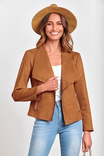 PRETTYGARDEN Women's Faux Suede Jackets 2023 Fall Clothes Long Sleeve Open Front Cropped Coat Outwear (Brown,Medium)