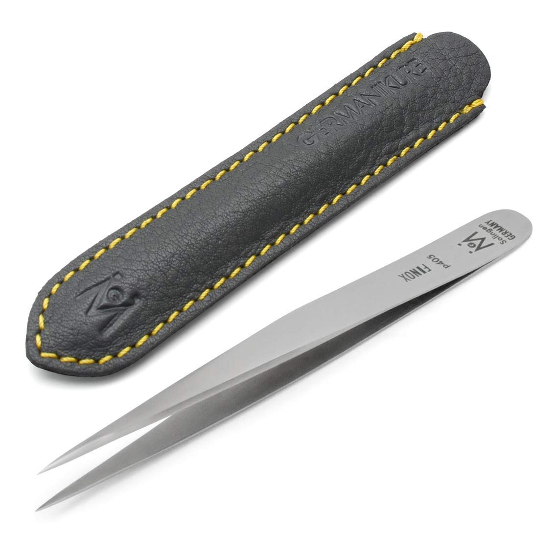 GERMANIKURE Professional Perforated Slanted Tweezers - FINOX Stainless Steel sharp tweezers in Leather Case - Professional Tweezers –Easy to use best tweezers- Ethically made in Solingen Germany -4405