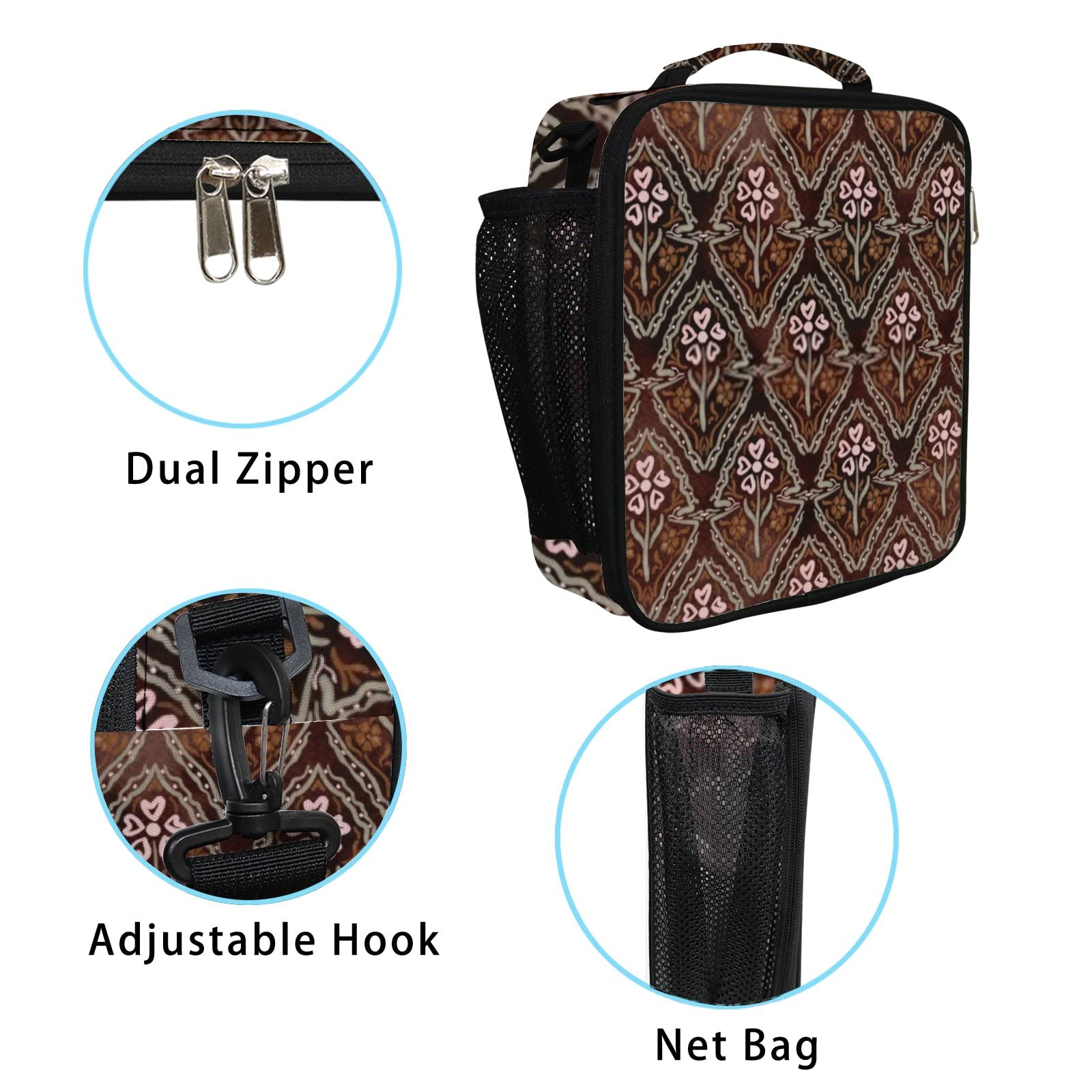 Hapuxt Lunch Box Lunch Bag with Adjustable Shoulder Strap Tote for Women Men Boho Flowers Brown Insulated Waterproof Resable Zipper Outdoor Work Office Picnic