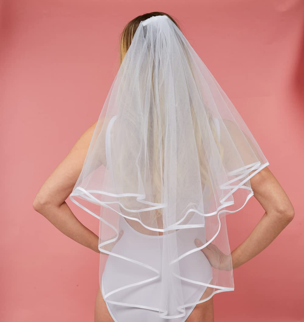 KUNG FU PARTY White Double Ribbon Edge Center Cascade Bridal Wedding Veil with Comb and Bride To Be Satin Sash Bachelorette Party Decorations Supplies
