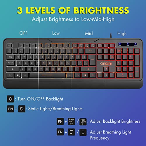 LED Keyboard and Mouse Combo USB Wired Characters Illuminzted Gaming Keyboard 3600 DPI Optical Mouse Compatible with Windows Linux Mac MacBook Computer Laptop