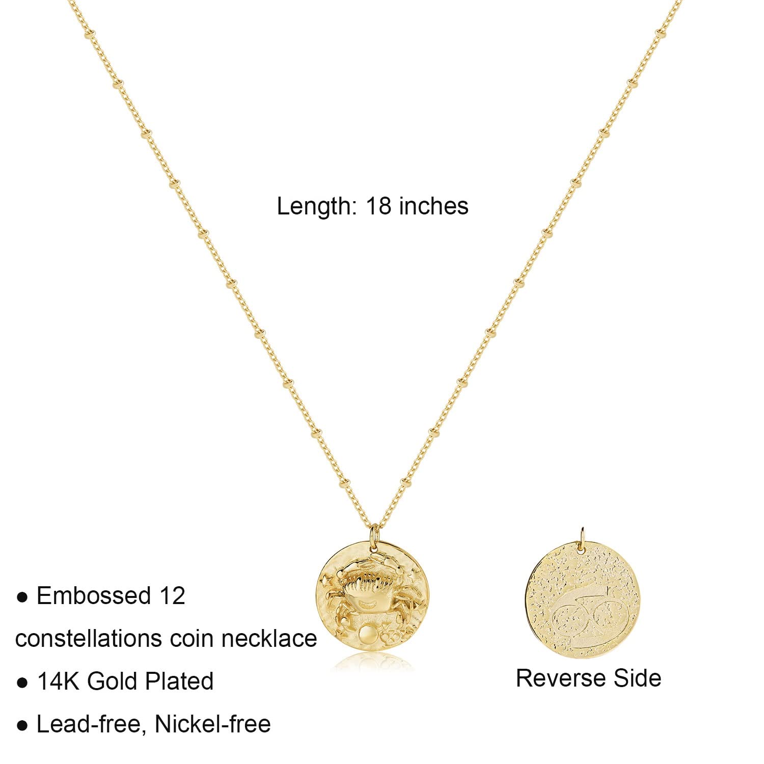 Fremttly Zodiac Coin Embossed Necklace Disc 12 Constellation Astrology Horoscope 14K Gold/Silver Plated Round Pendant Personalized Necklace Gift for Women Cancer