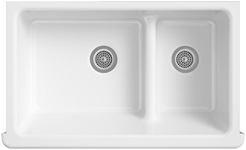 KOHLER K-6426-0 Whitehaven Farmhouse Smart Divide Self-Trimming Undermount Apron Front Double-Bowl Kitchen Sink with Short Apron, 35-1/2-Inch X 21-9/16-Inch X 9-5/8-Inch, White
