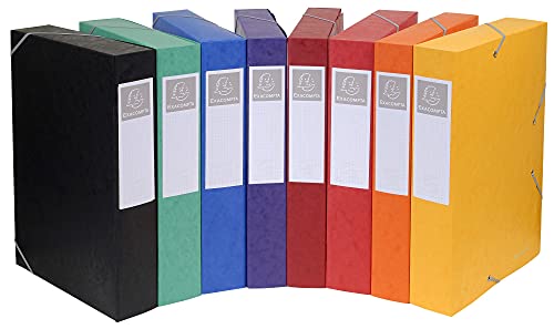 Exacompta - Ref 50400E - Elasticated Filing Boxes - 240 x 320mm in Size, Suitable for A4 Documents, 40mm Spine with Label - Assorted Colours (Pack of 8)