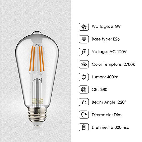 helloify Dimmable Edison, Vintage Antique Style ST19(ST64) LED Light Bulbs, 60W Incandescent Equivalent, 2700K(Clear Glass) Warm White, E26 Medium Screw Base